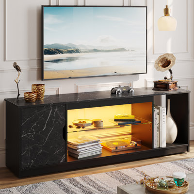 Benigno 58 Media Console LED TV Stand for 65 inch TV Gaming Entertainment Centre for PS5 with Glass Shelf Wade Logan Color Black Marble